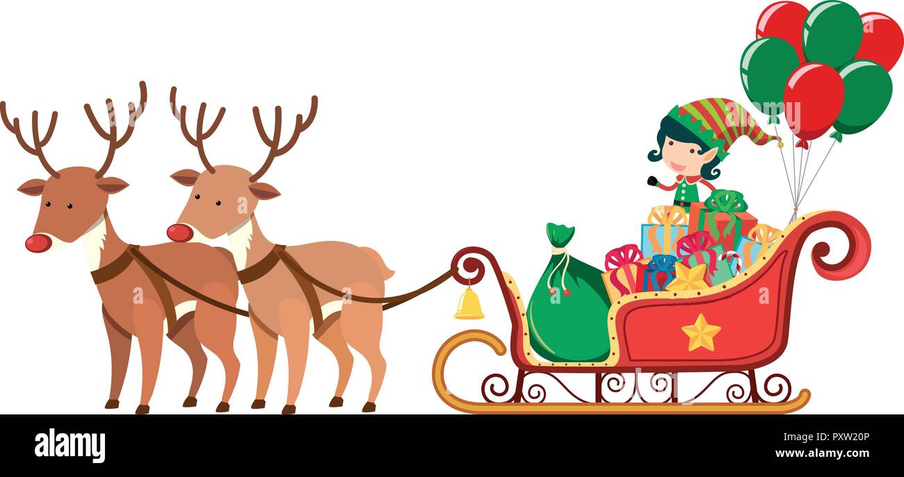 Elf riding on sledge with two reindeers illustration Stock Vector Image ...