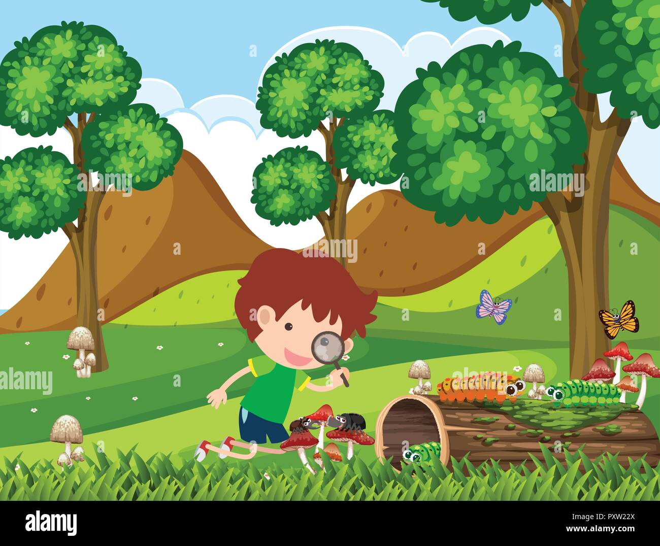 Boy looking at bugs in the park at daytime illustration Stock Vector ...