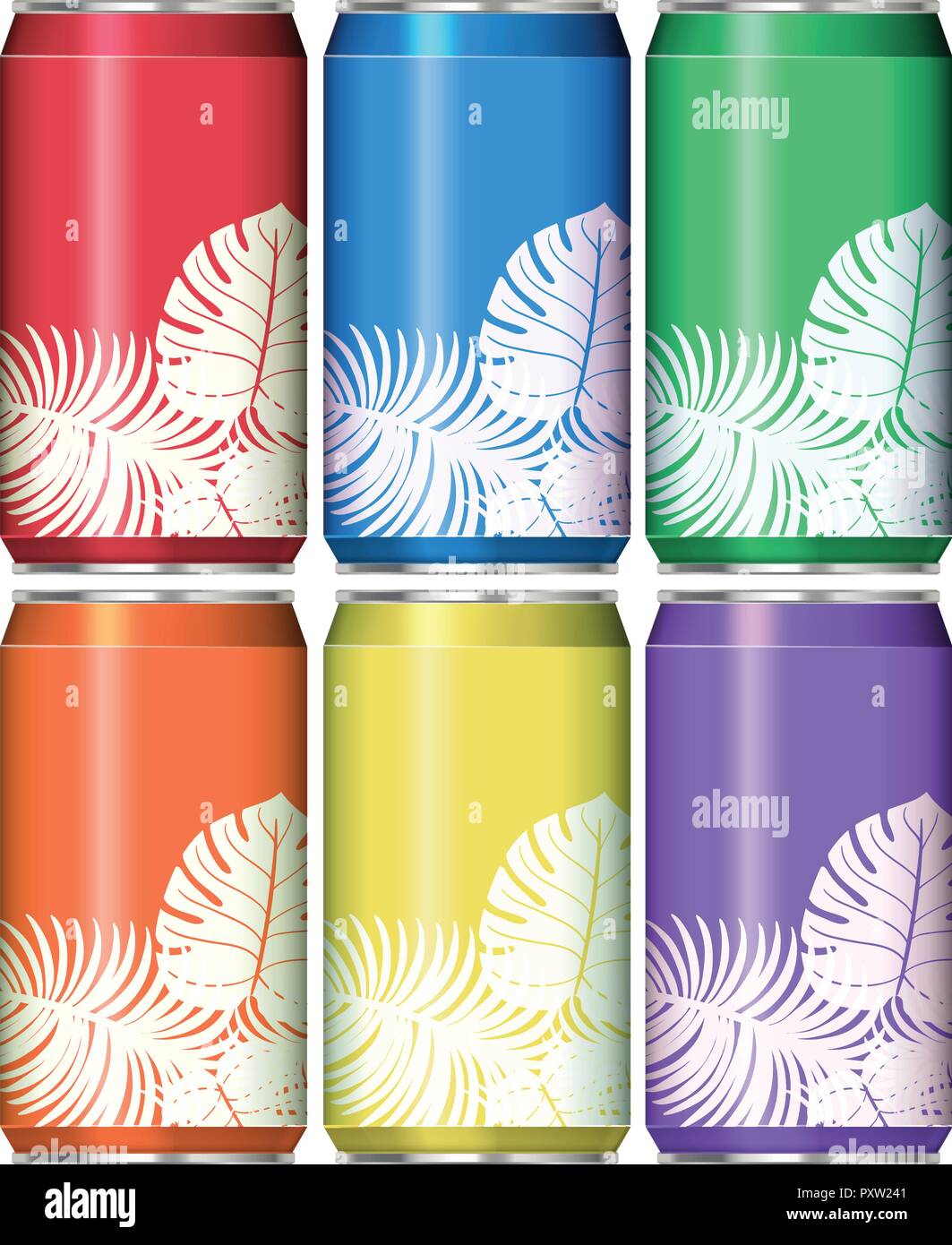 Cans with leaves on different color background illustration Stock ...
