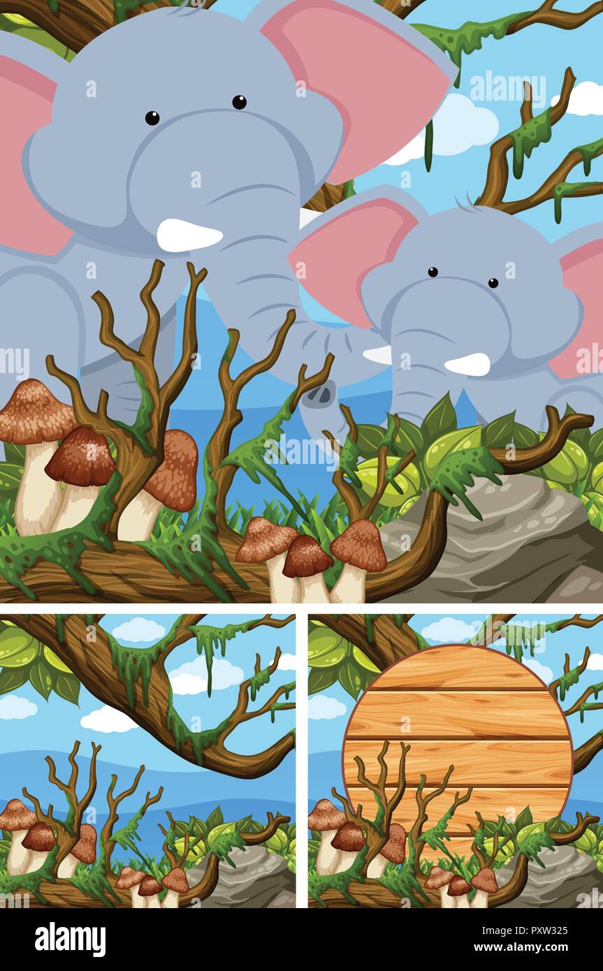 Elephants in the forest and wooden sign illustration Stock Vector Image ...