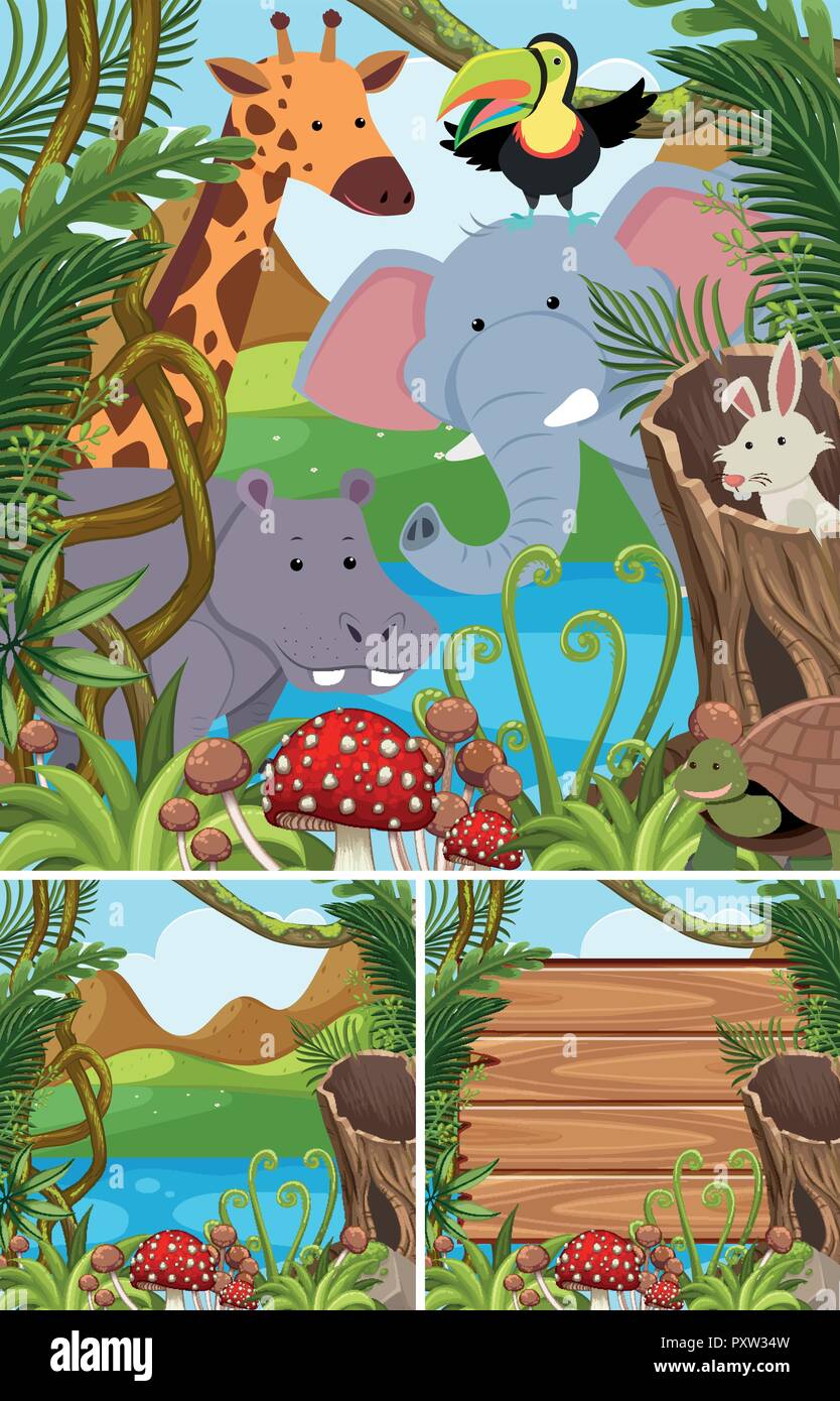 Nature scenes with many animals in forest illustration Stock Vector ...