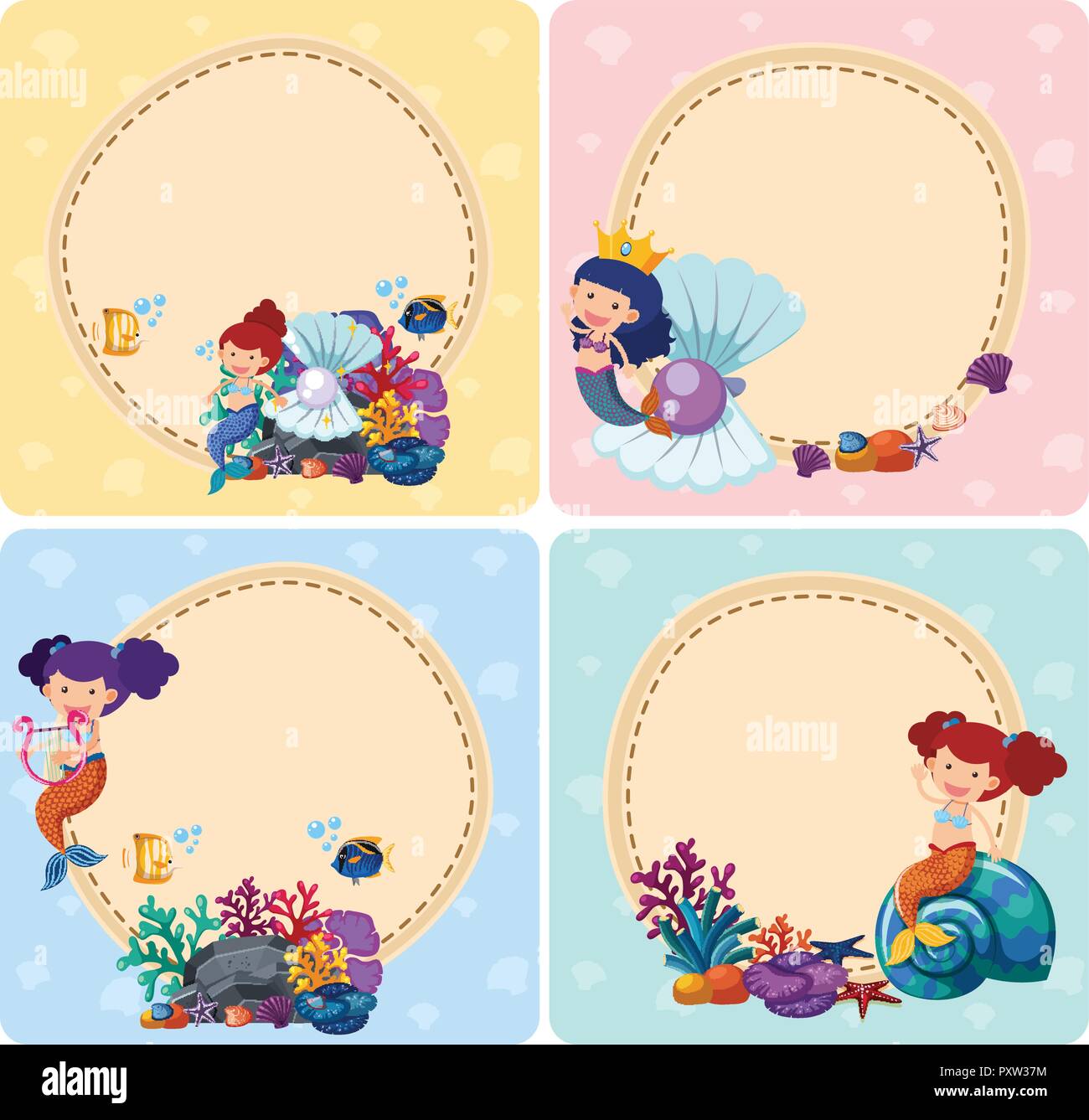 Border templates with mermaids and sea animals illustration Stock ...
