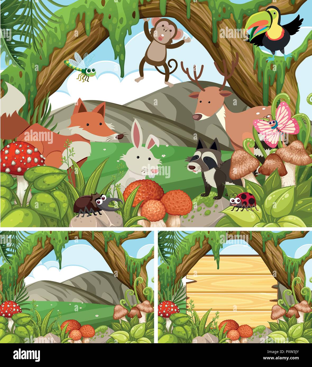 Three forest scenes with animals and plants illustration Stock Vector ...