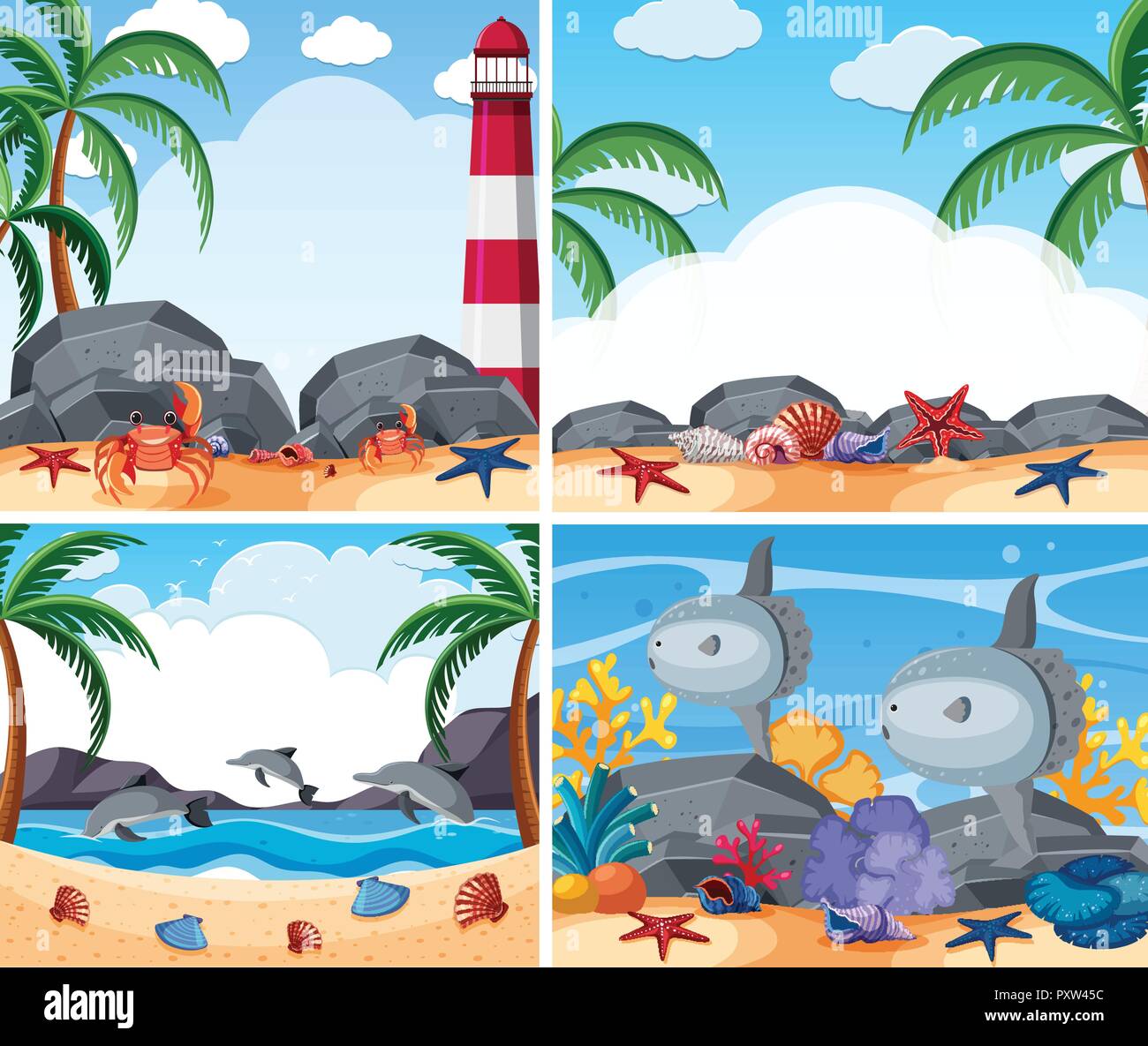 Four ocean scenes with animals and beach illustration Stock Vector ...
