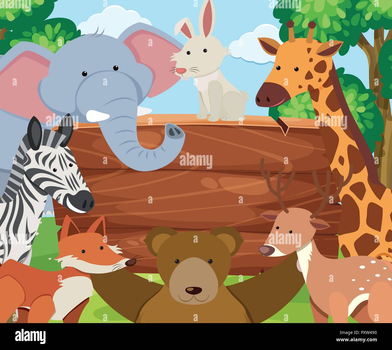 Wild animals around wooden board illustration Stock Vector Image & Art ...