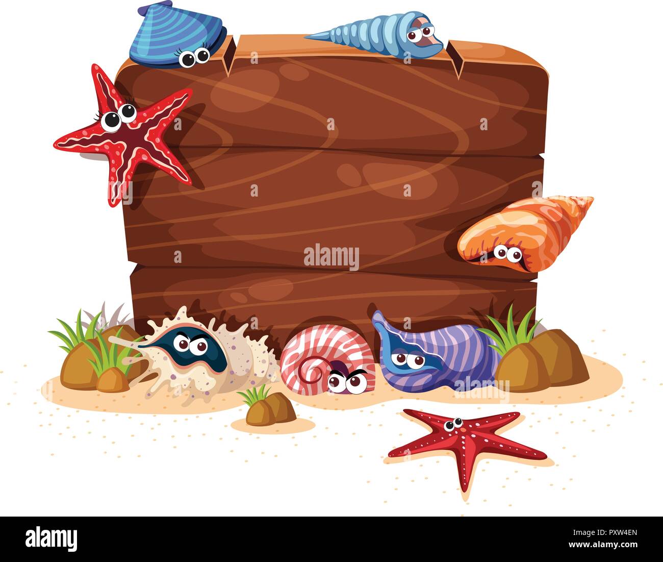 Wooden sign with seashells and starfish in background illustration ...