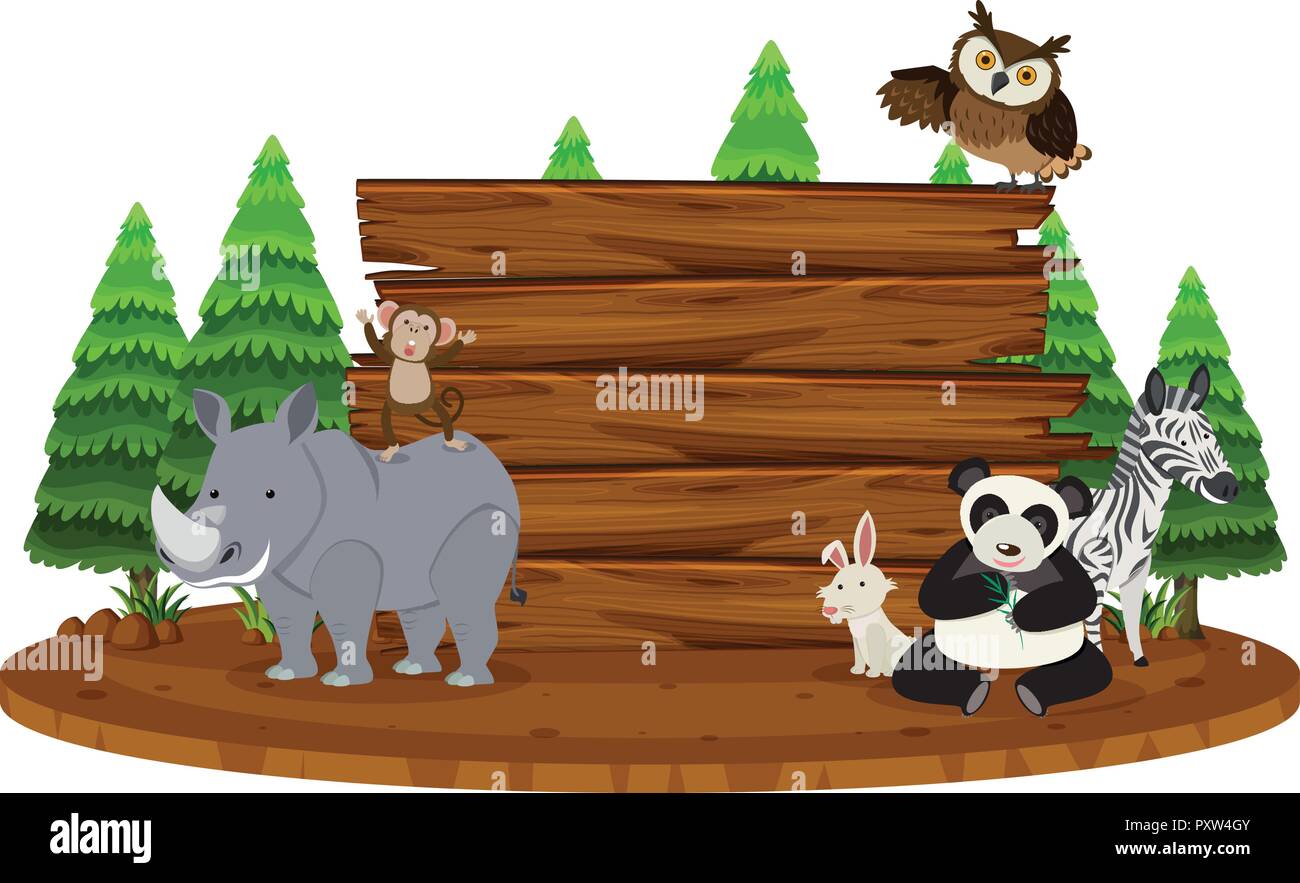 Wooden sign with wild animals in background illustration Stock Vector ...