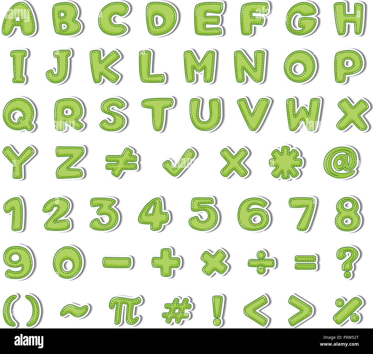 Font design for english alphabets and numbers in green color ...