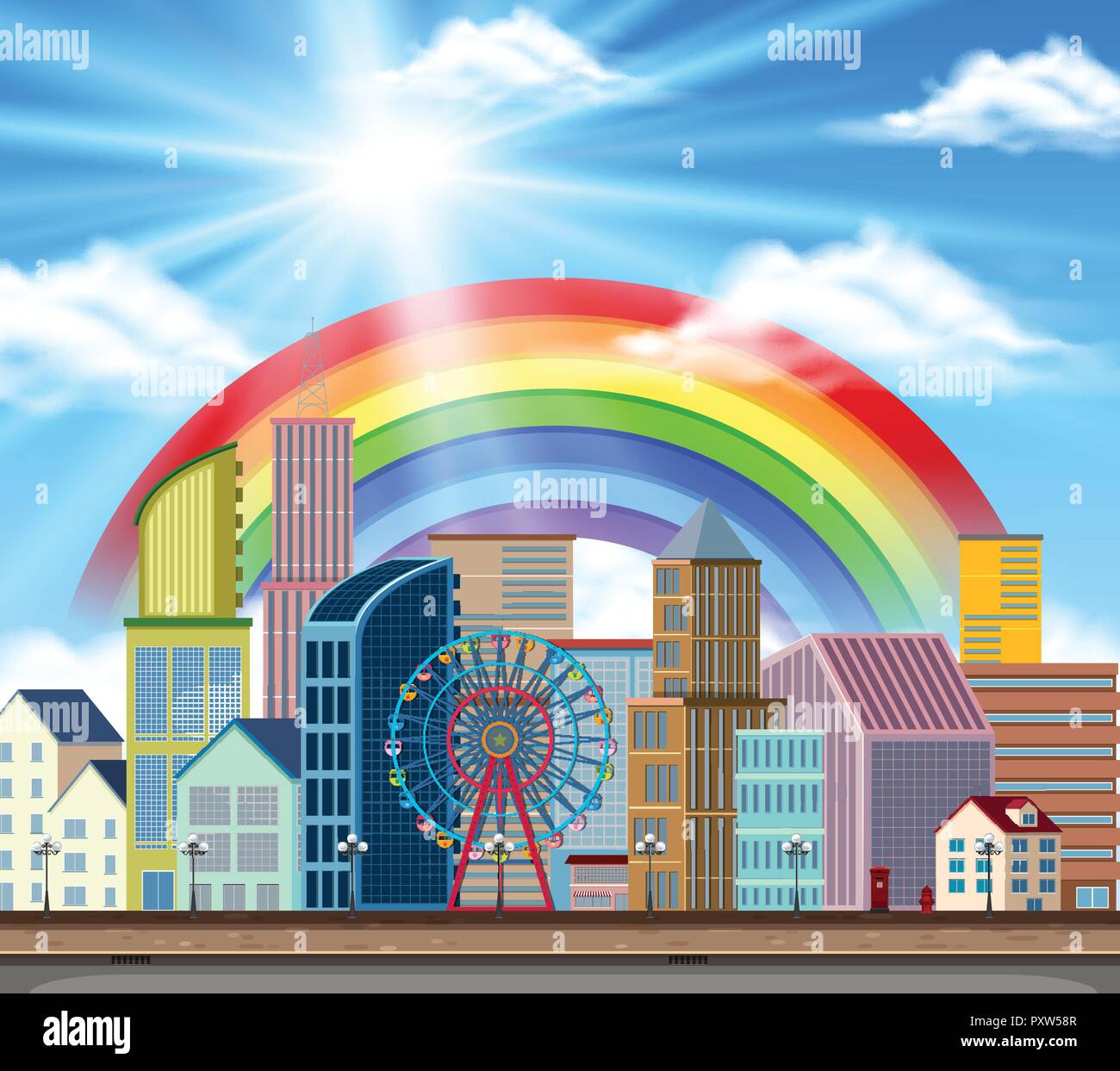 City scene with buildings and rainbow illustration Stock Vector Image ...