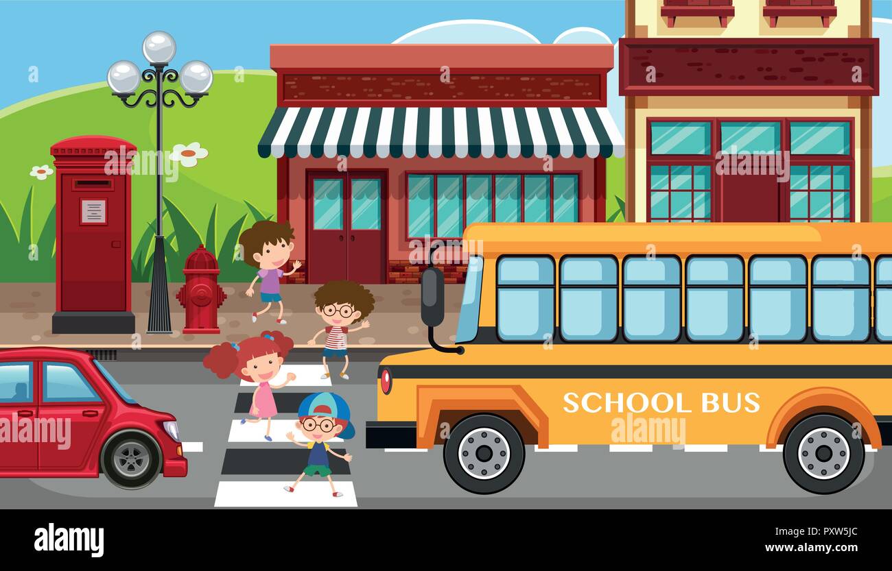 City scene with children crossing the street illustration Stock Vector ...