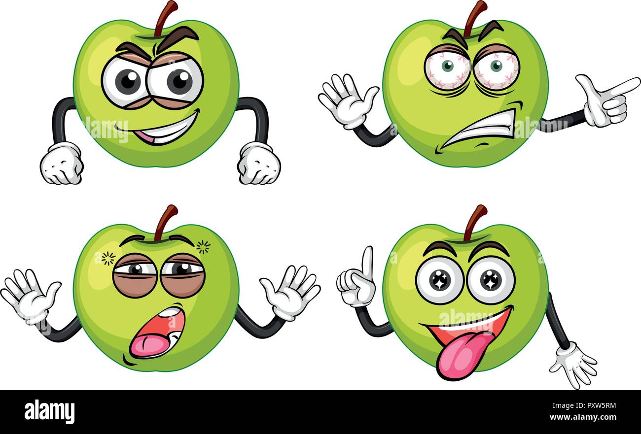 Green apples with four facial expressions illustration Stock Vector ...