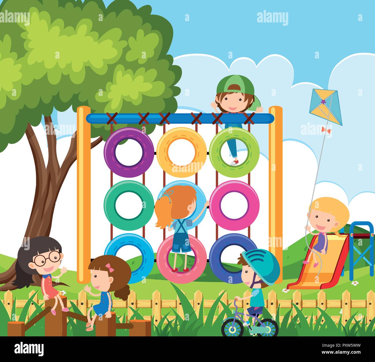 Many children playing in the playground illustration Stock Vector Image ...