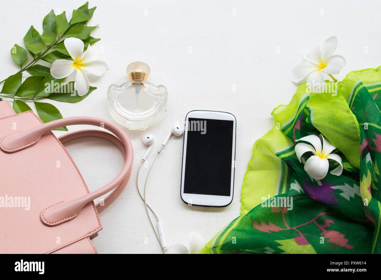 pink hand bag ,mobile phone ,perfume with green scarf collection ...