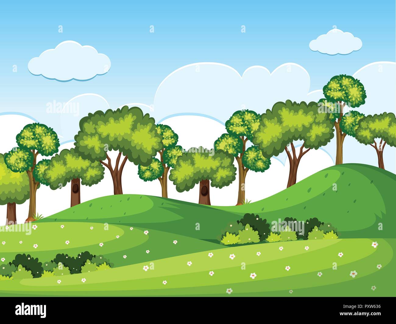 Forrest scene with trees on the hills illustration Stock Vector Image ...