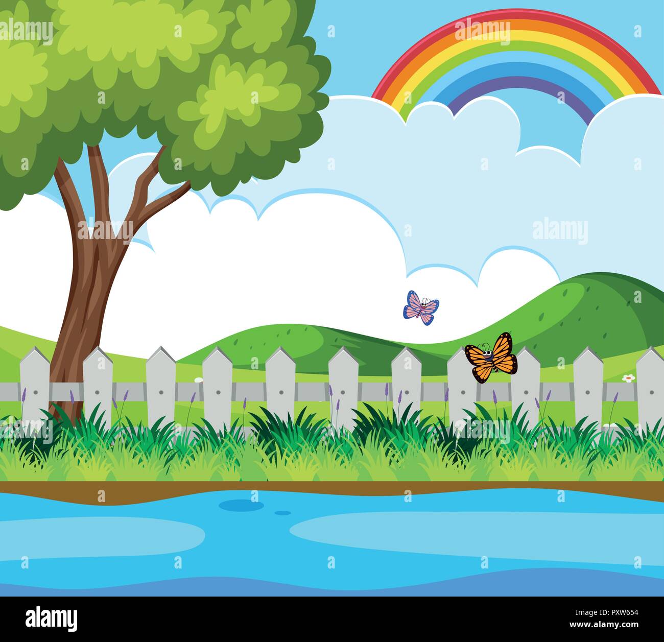 Background scene with butterflies and rainbow illustration Stock Vector ...