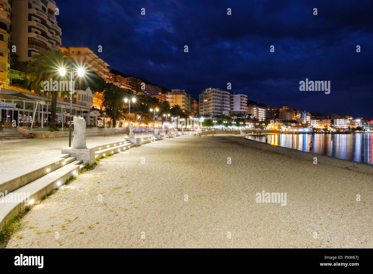 Albania, Vlore County, Saranda, beach at blue hour Stock Photo - Alamy
