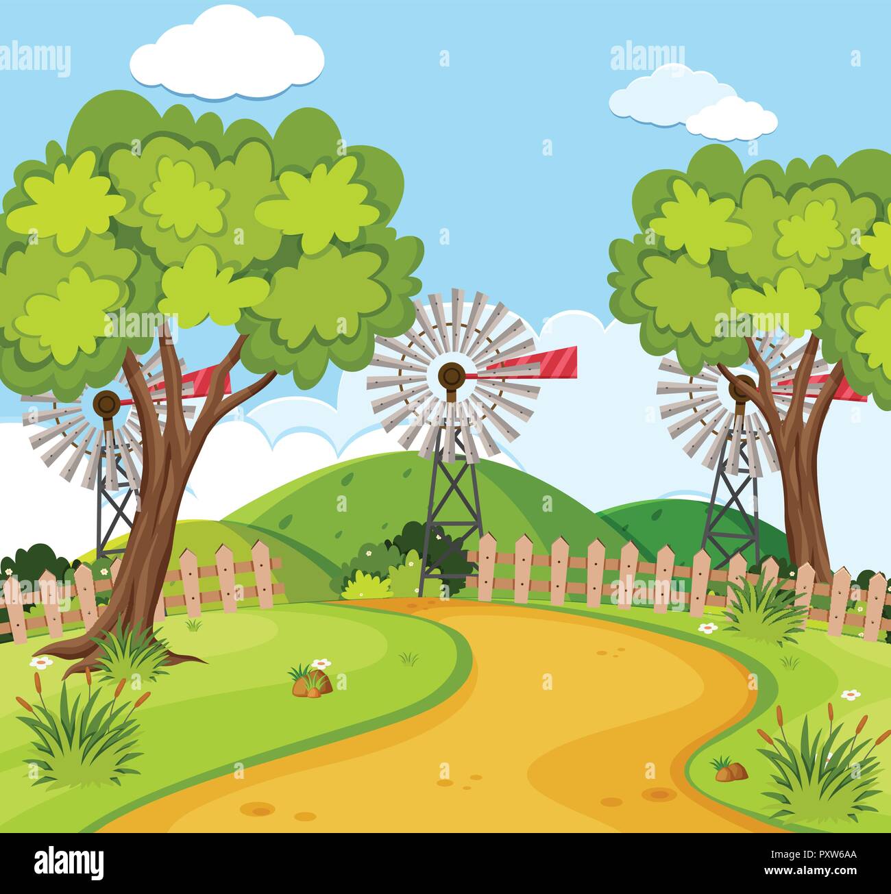 Nature scene with wind turbines illustration Stock Vector Image & Art ...