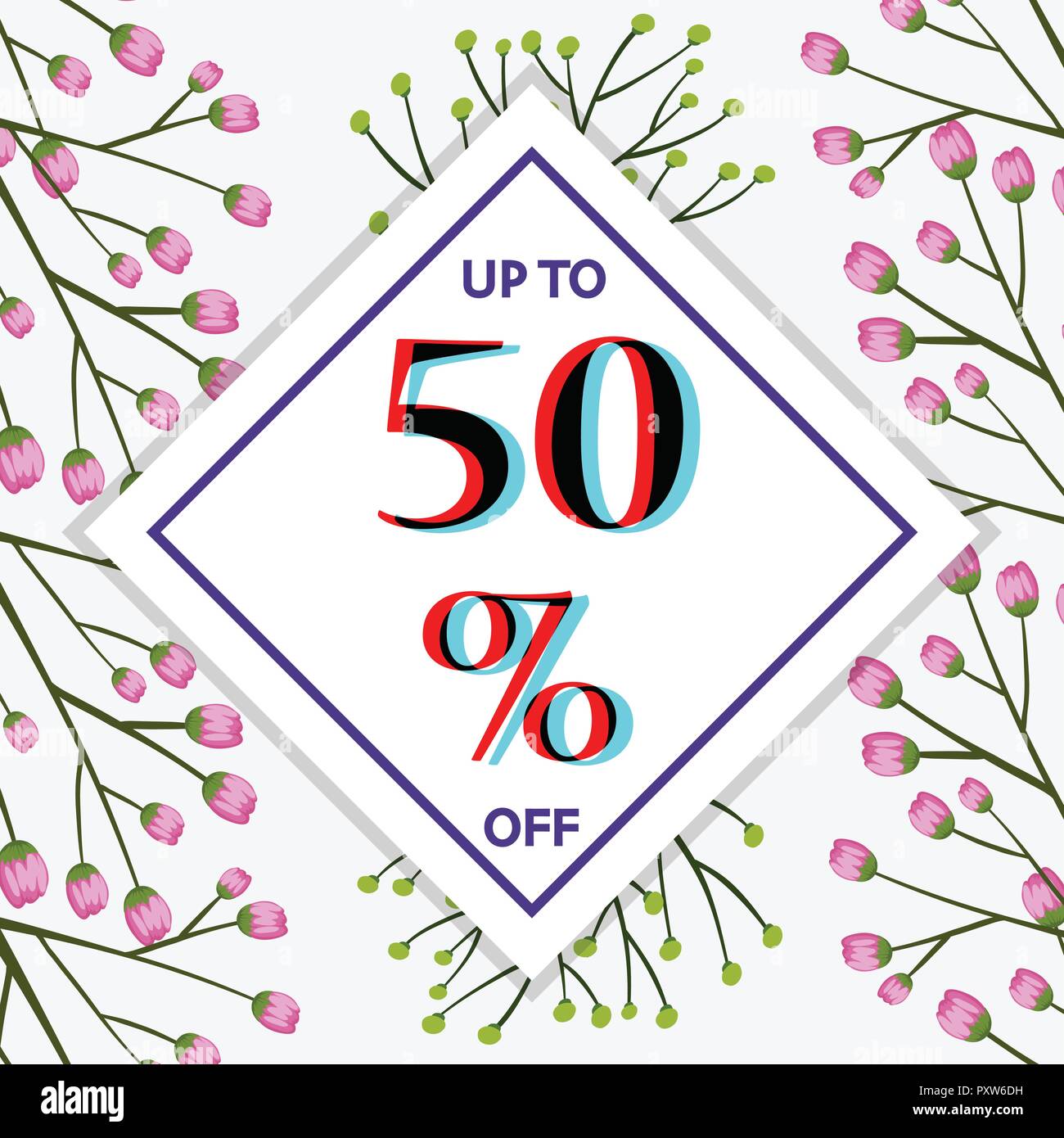 50 percent off sign template with flowers in background illustration ...