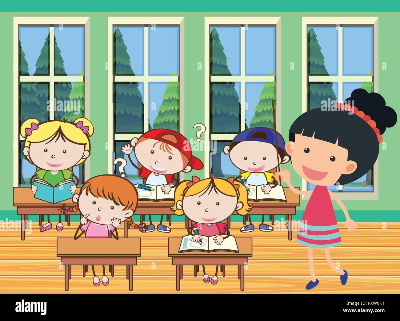 Many students learning in classroom with teacher illustration Stock ...