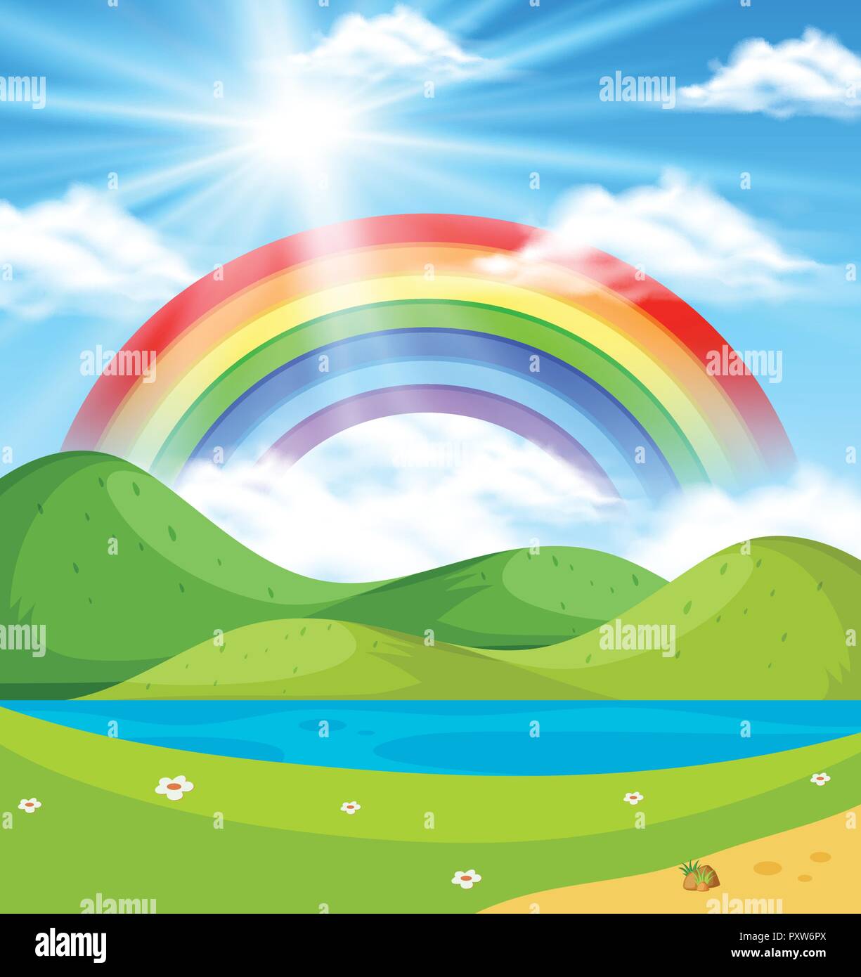 Nature scene with rainbow over the hills illustration Stock Vector ...