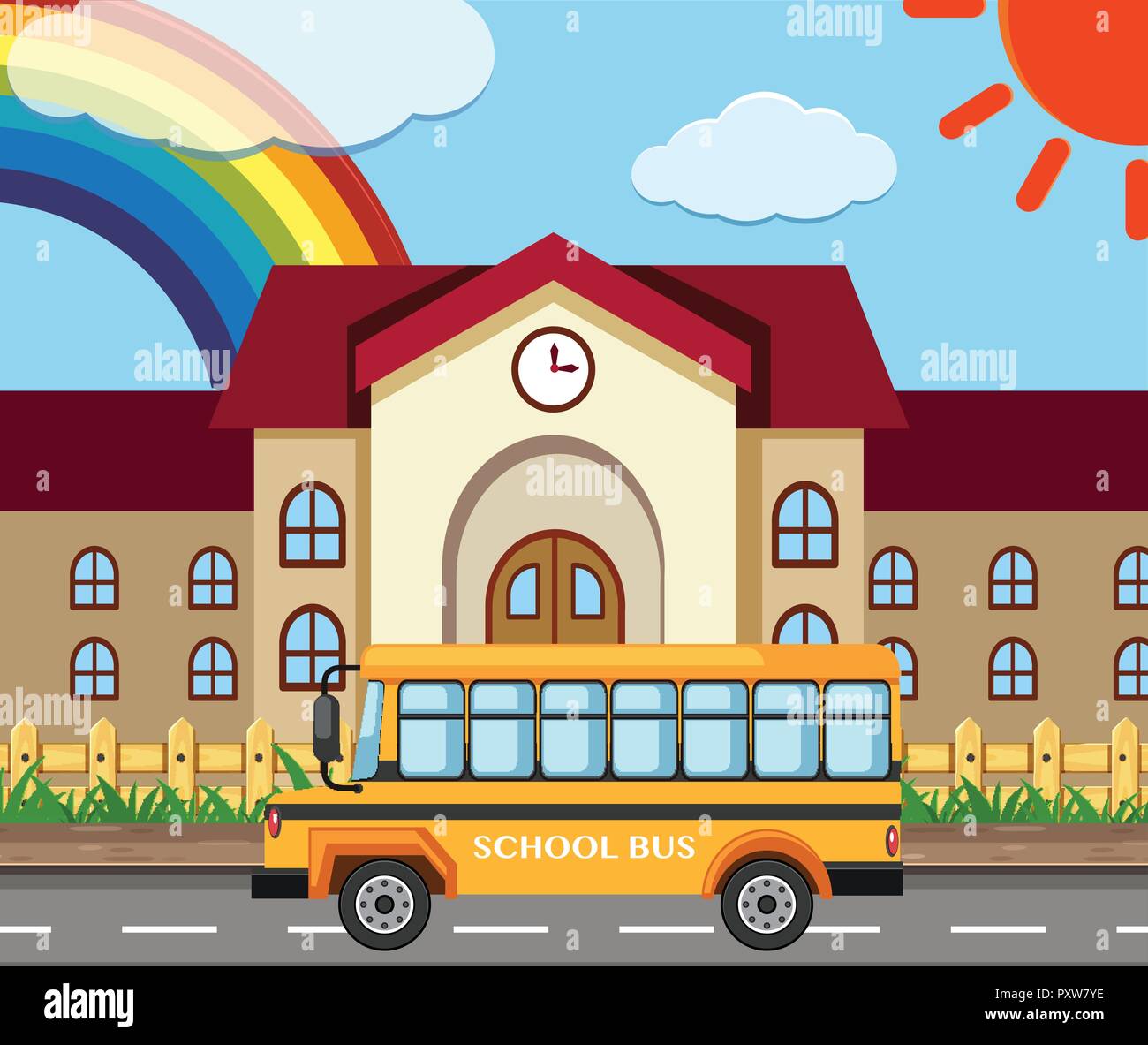 School scene with building and bus illustration Stock Vector Image ...