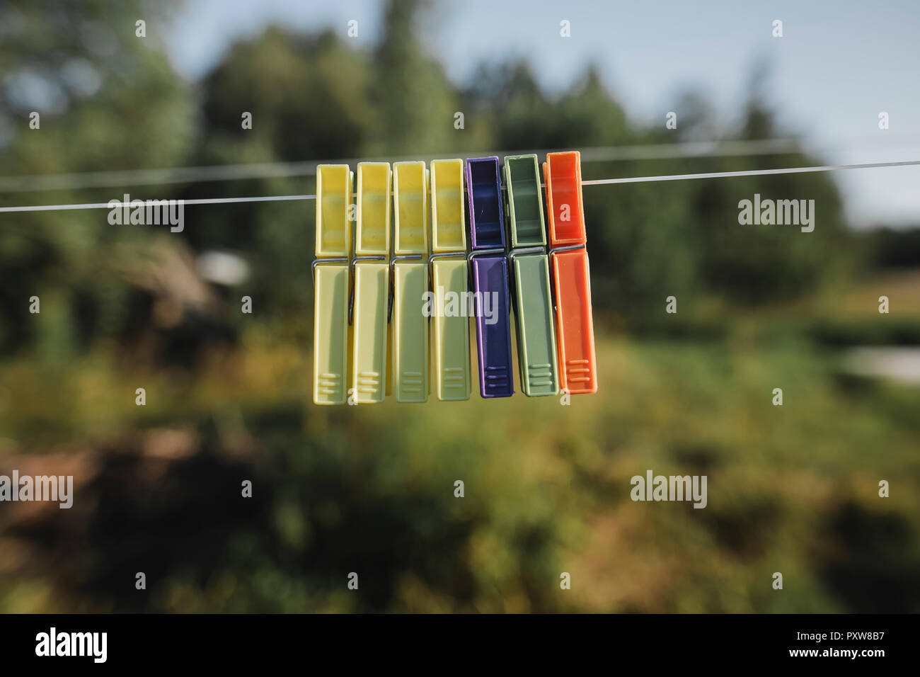 Row of clothes pegs hanging side by side on washing line Stock Photo ...