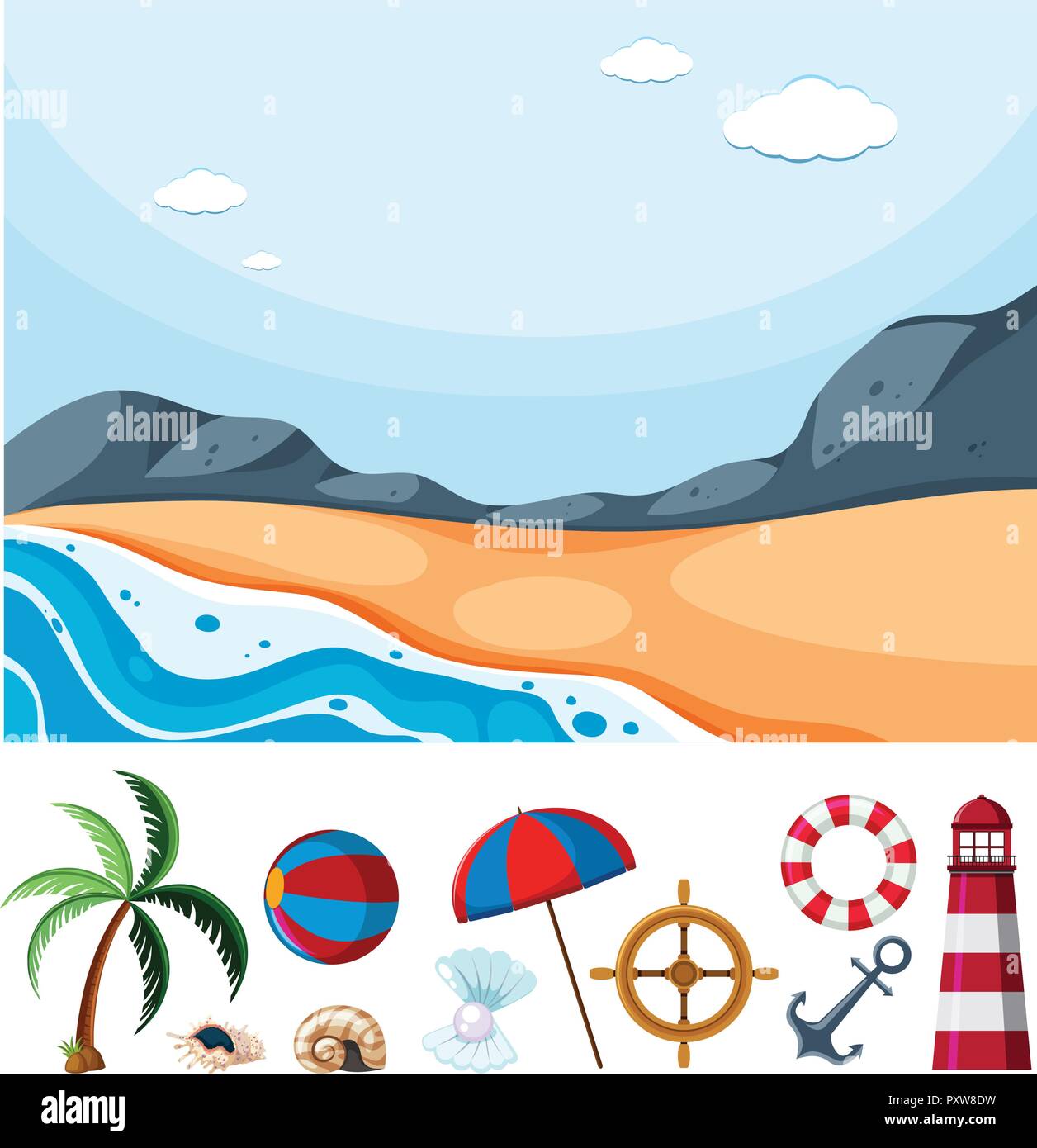 Ocean scene with different beach items illustration Stock Vector Image ...