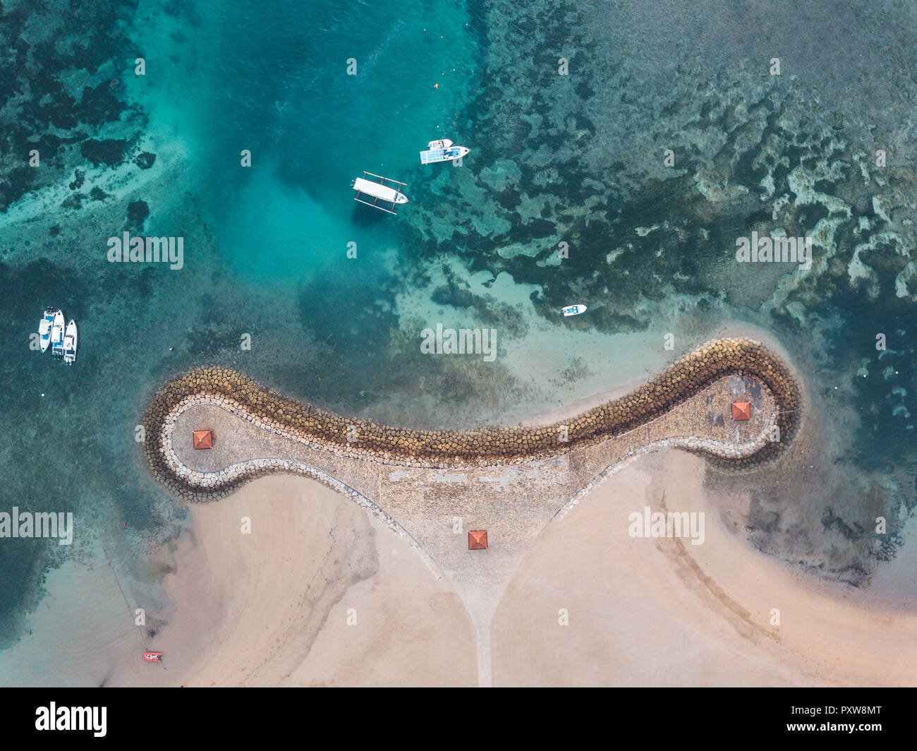 Indonesia, Bali, Aerial view of Nusa Dua beach, pier and boats from ...