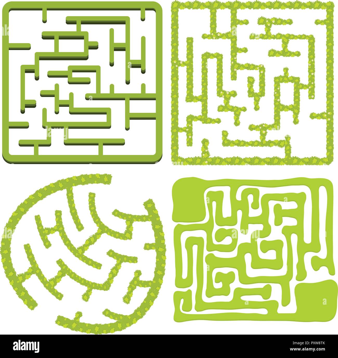 Different patterns of maze game in green color illustration Stock ...
