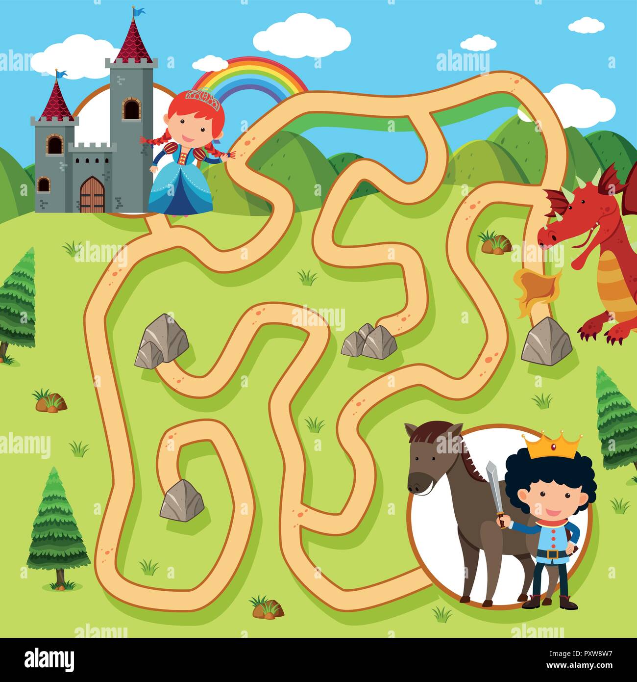 Maze game template with princess and knight illustration Stock Vector ...