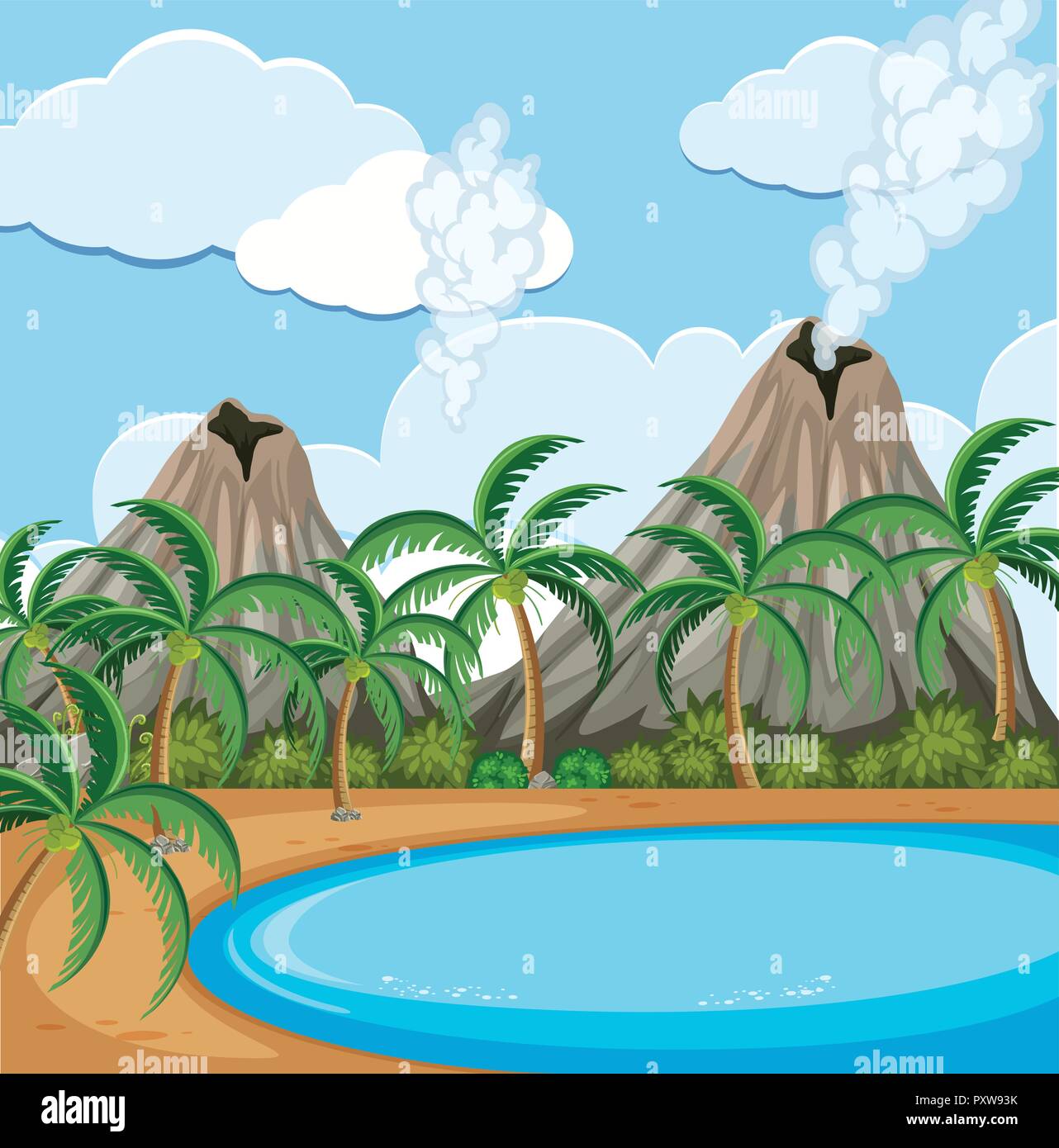 Background scene with volcano and lake illustration Stock Vector Image ...