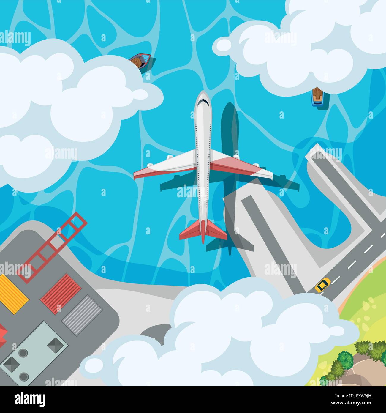 Aerial view of airplane over the water illustration Stock Vector Image ...