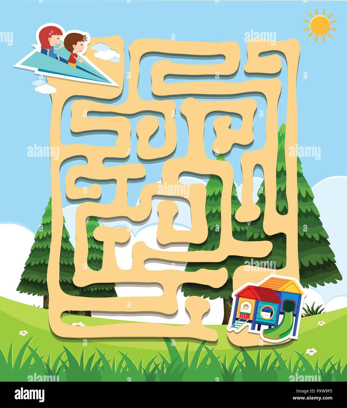 Maze game template with kids in park illustration Stock Vector Image ...