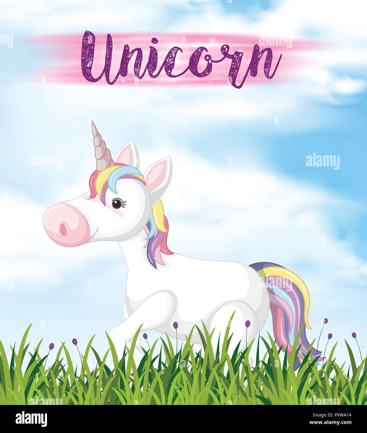 Cute unicorn walking in garden illustration Stock Vector Image & Art ...