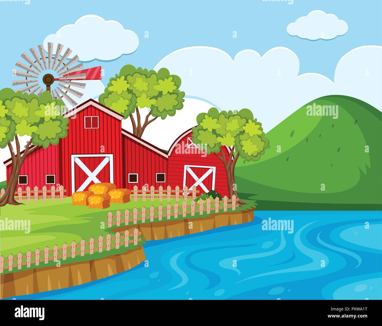 Farm scene with river and mountain illustration Stock Vector Image ...