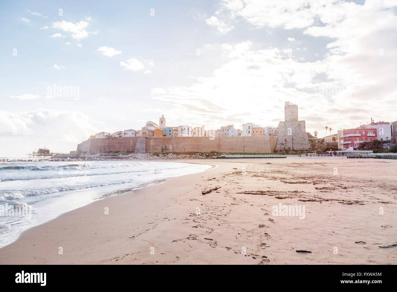 Italy, Molise, Termoli, Old town with Castello Svevo, view from beach ...