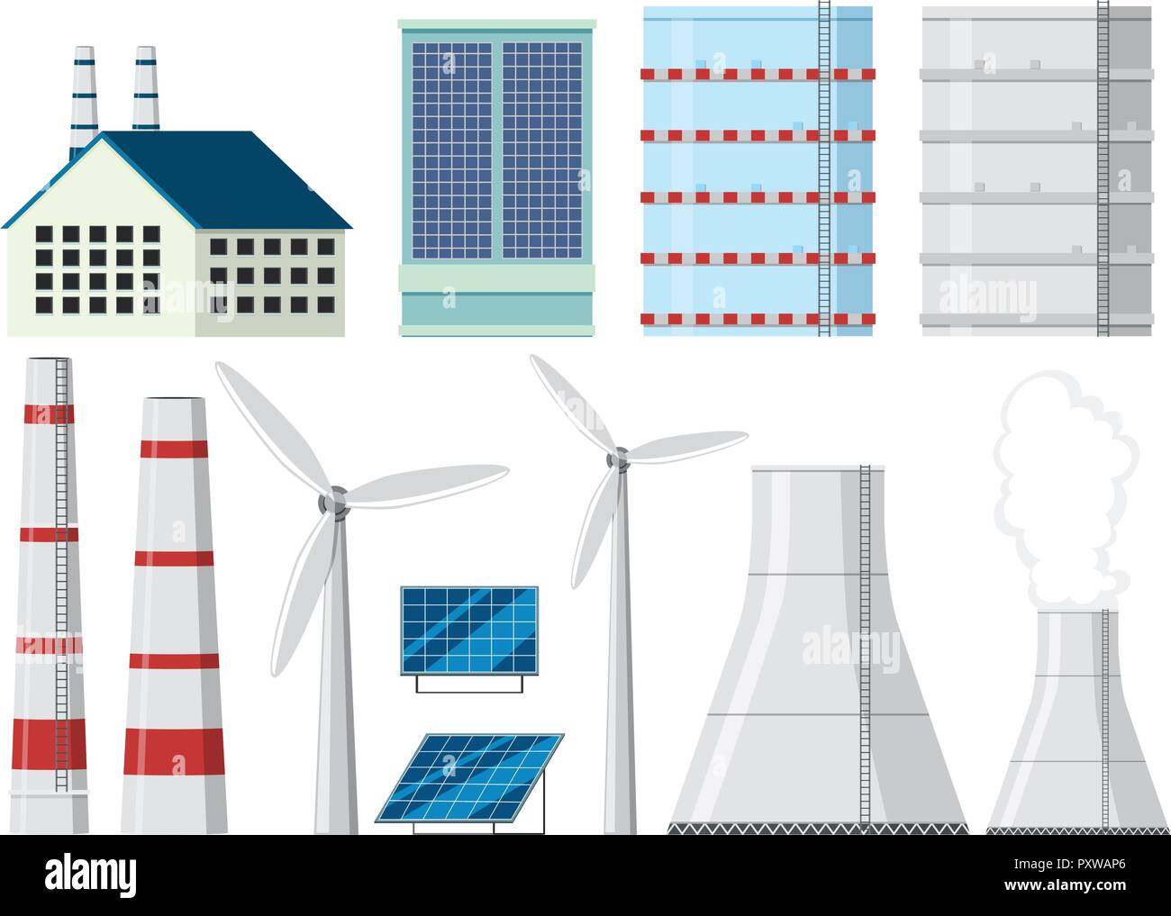 Different design of factory buildings and chimneys illustration Stock ...