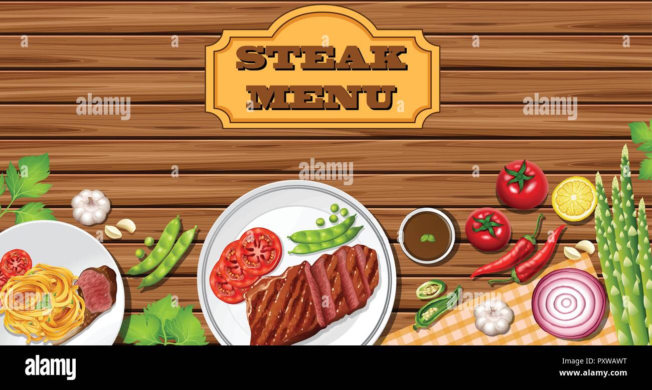 Menu template with steaks on wooden board illustration Stock Vector ...