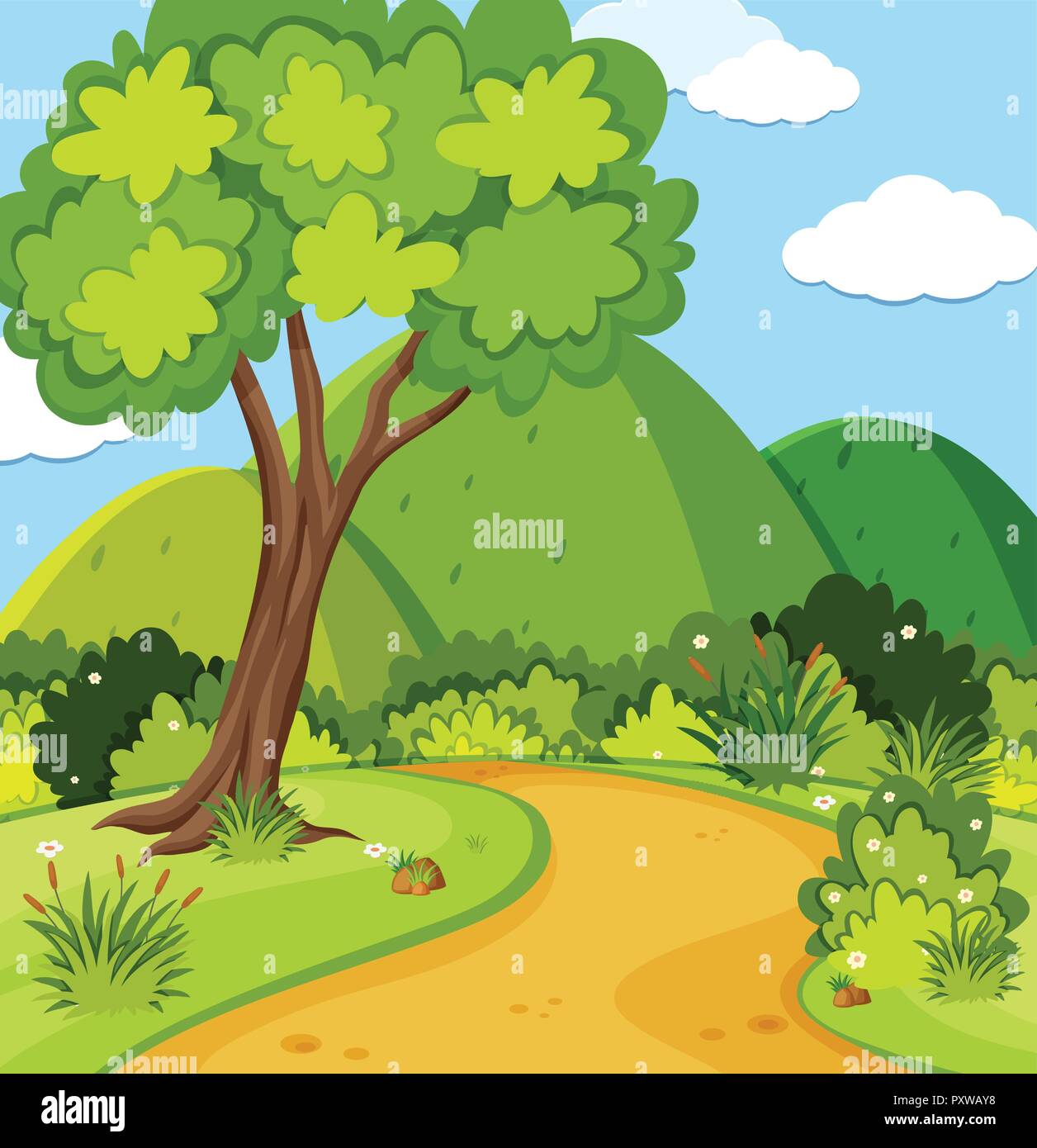 Nature scene with trees and mountains illustration Stock Vector Image ...