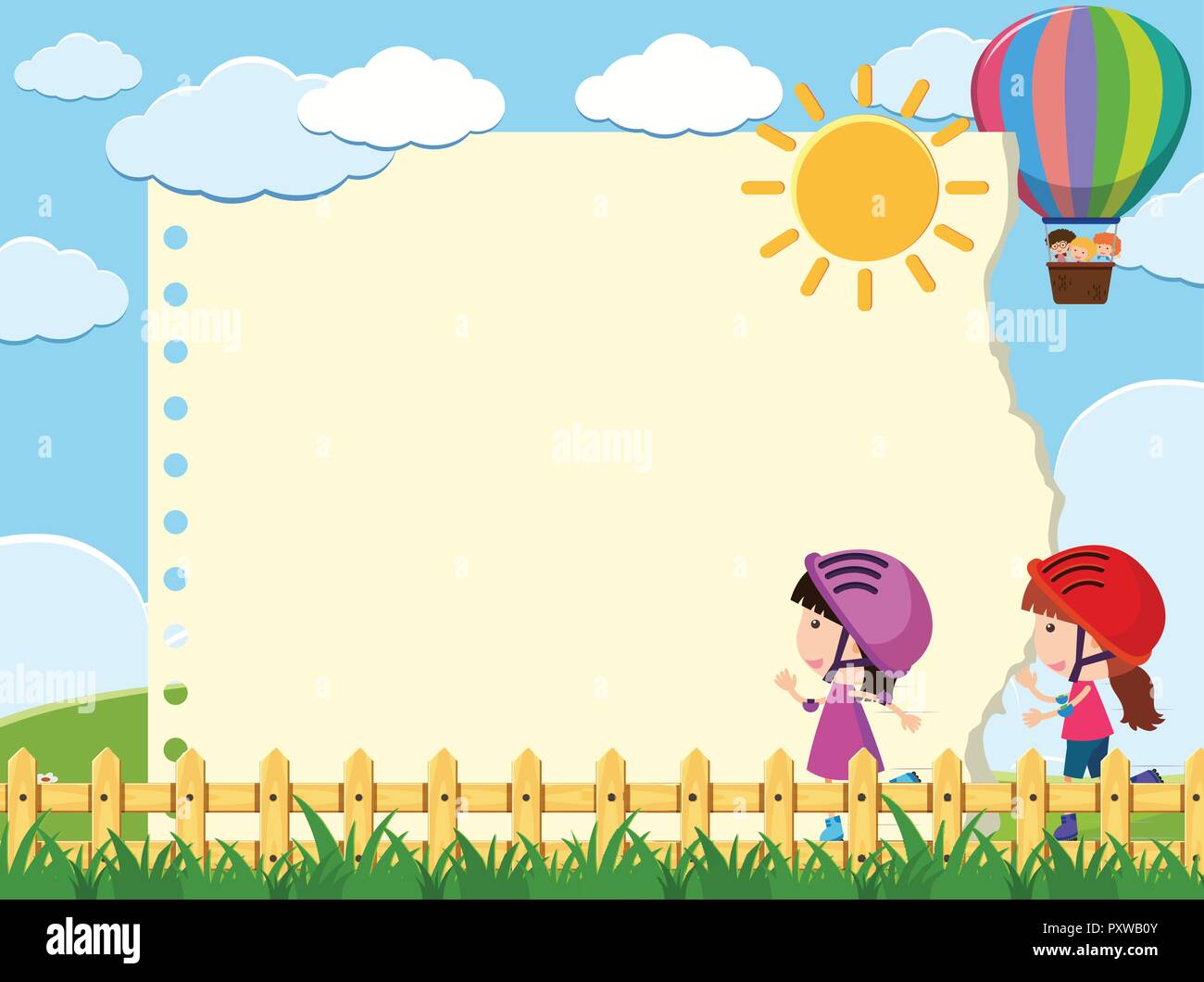 Border template with two girls in garden illustration Stock Vector ...