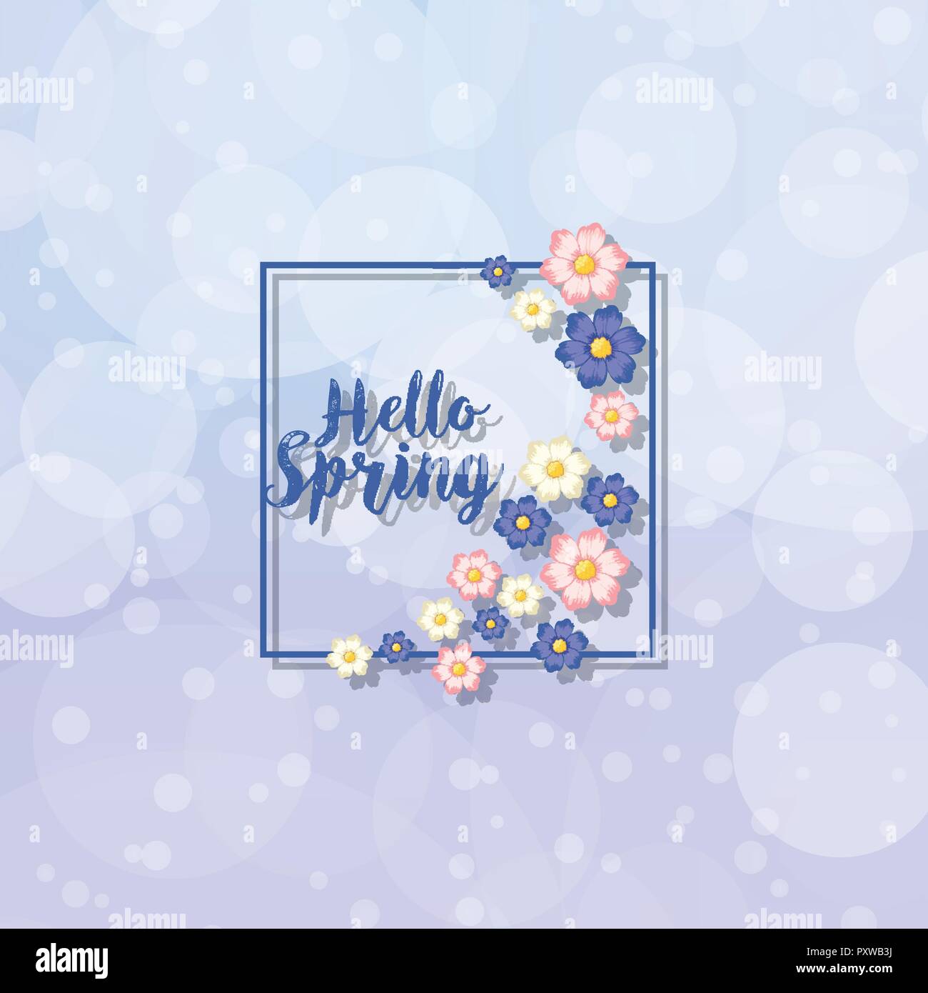 Hello spring poster design with blue flowers illustration Stock Vector ...