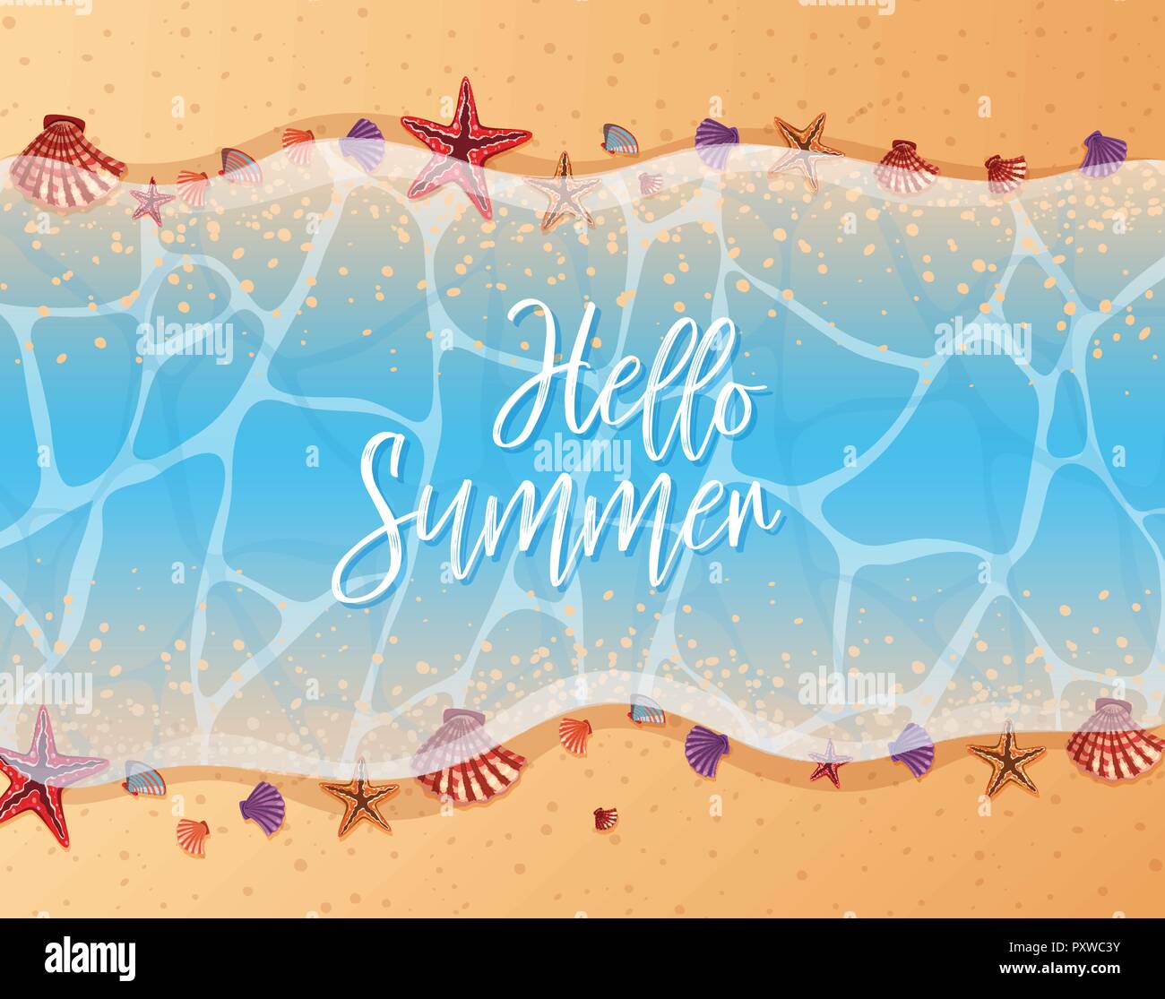 Summer theme with starfish and shells on the beach illustration Stock ...