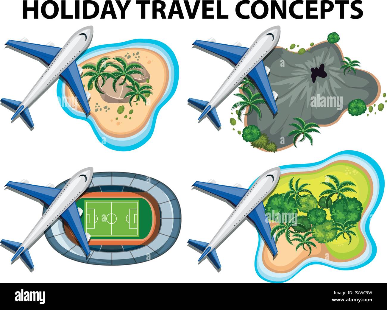 Holiday travel concepts with airplanes and different destinations ...