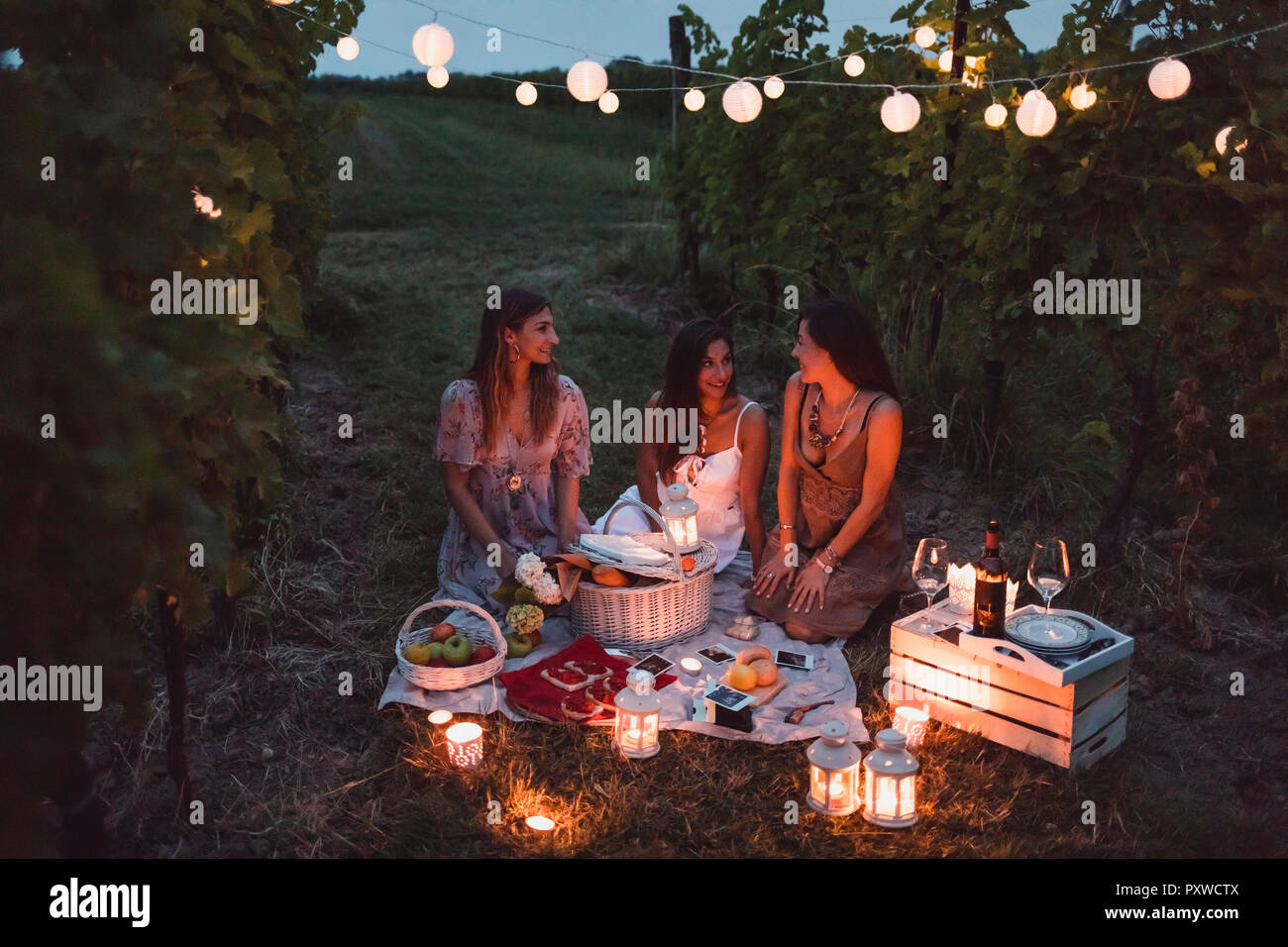 Friends having a picnic in a vineyard on summer night Stock Photo - Alamy