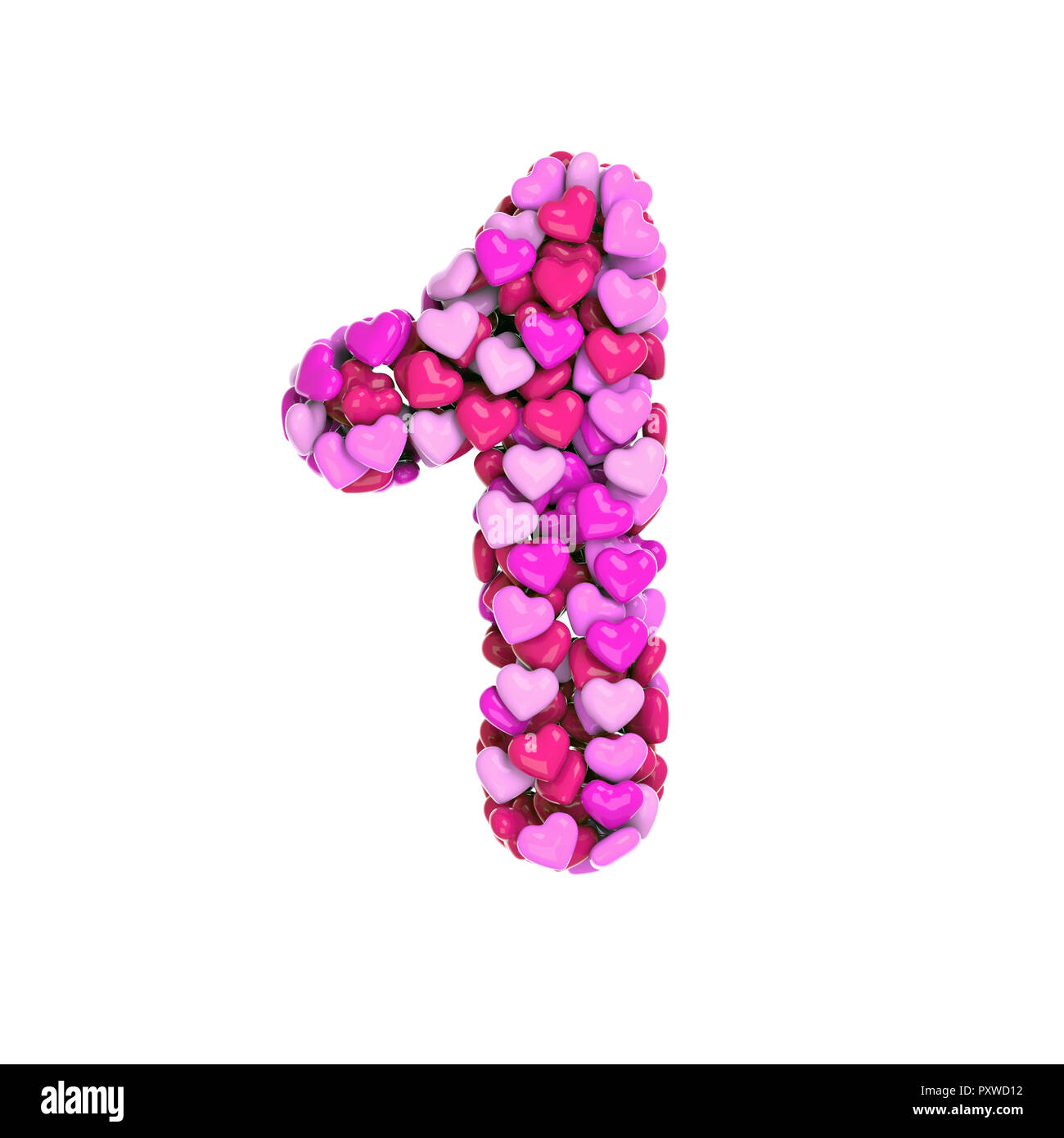 Valentine number 1 - 3d pink hearts digit isolated on white background ...