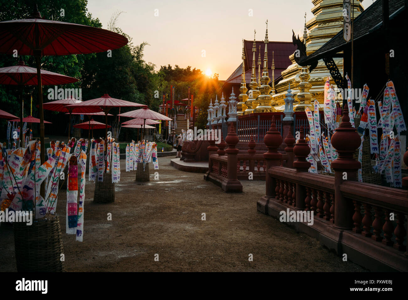 Thailand, Chiang Mai, Sunset with decorations to celebrate the New Year ...