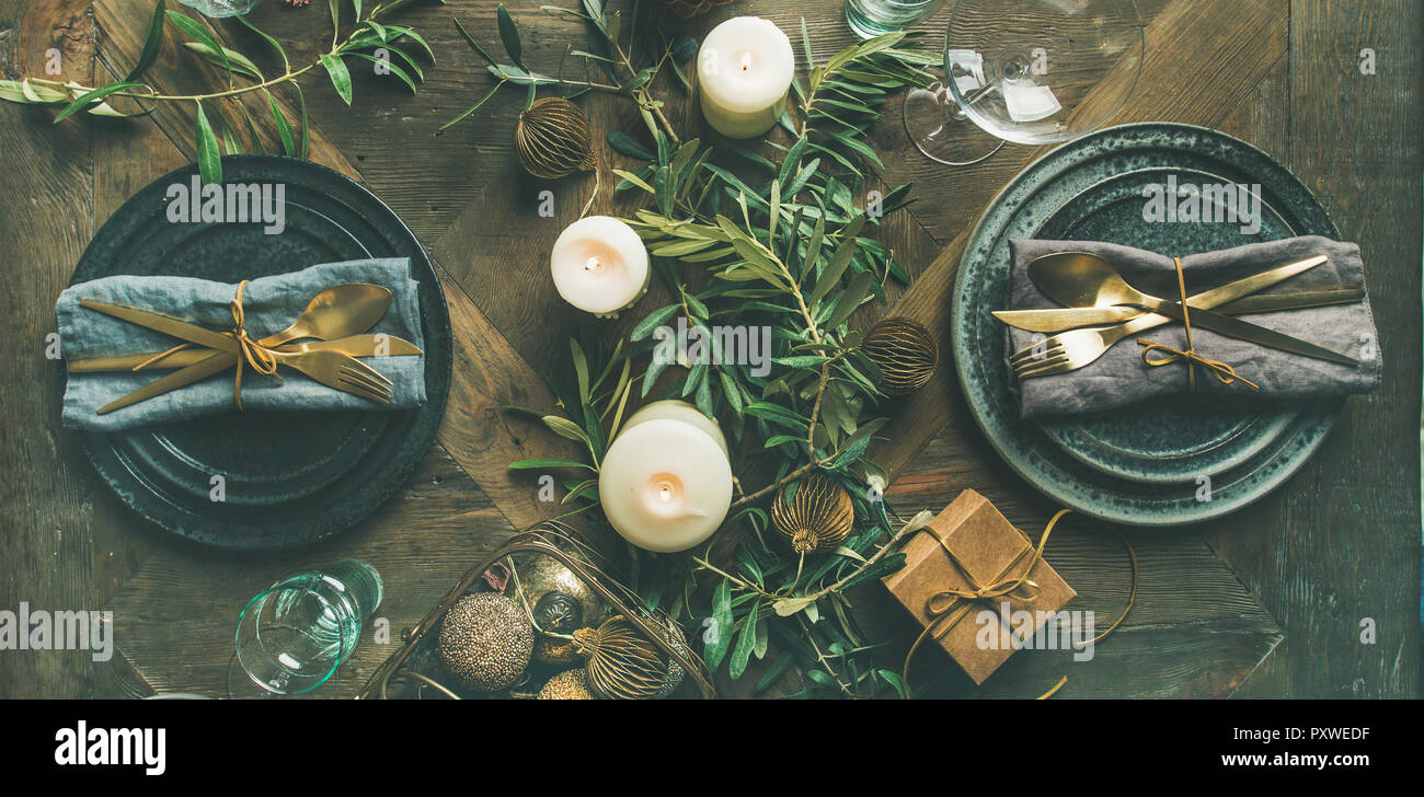 Christmas or New Years celebration party table setting, wide ...