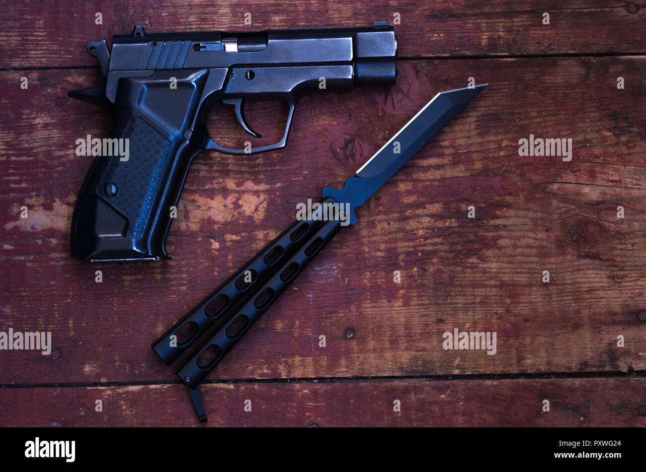 Firearms. Cutting weapons. Flatlay. Free place Weapons for self-defense ...
