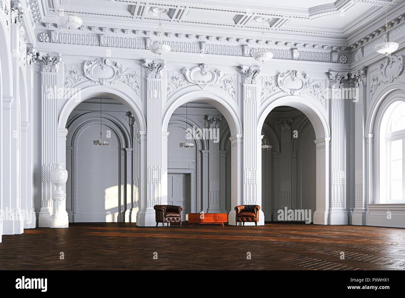 Big white classic interior museum hall with vintage leather armchair 3d ...