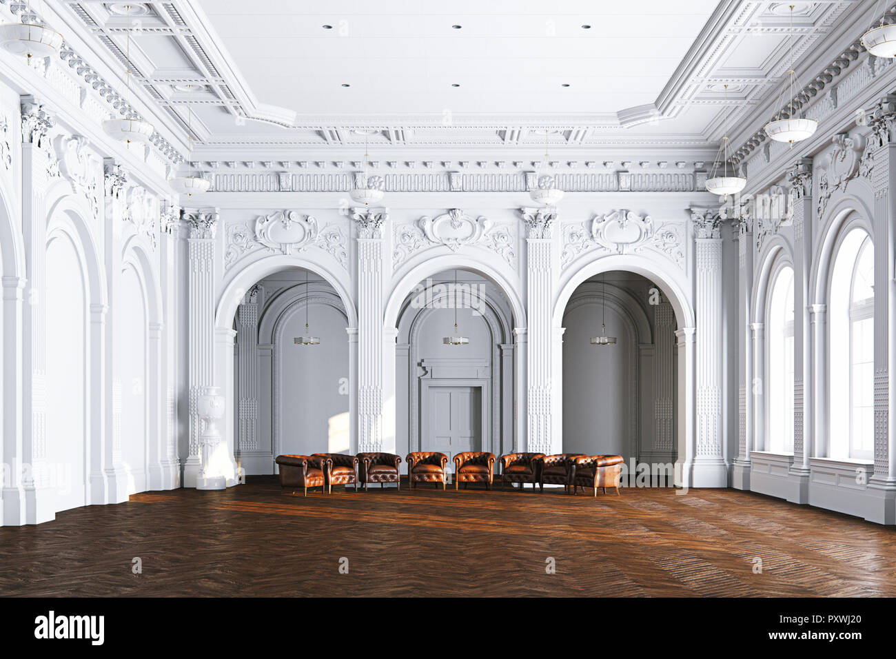 Big white classic interior museum hall with vintage leather armchair 3d ...